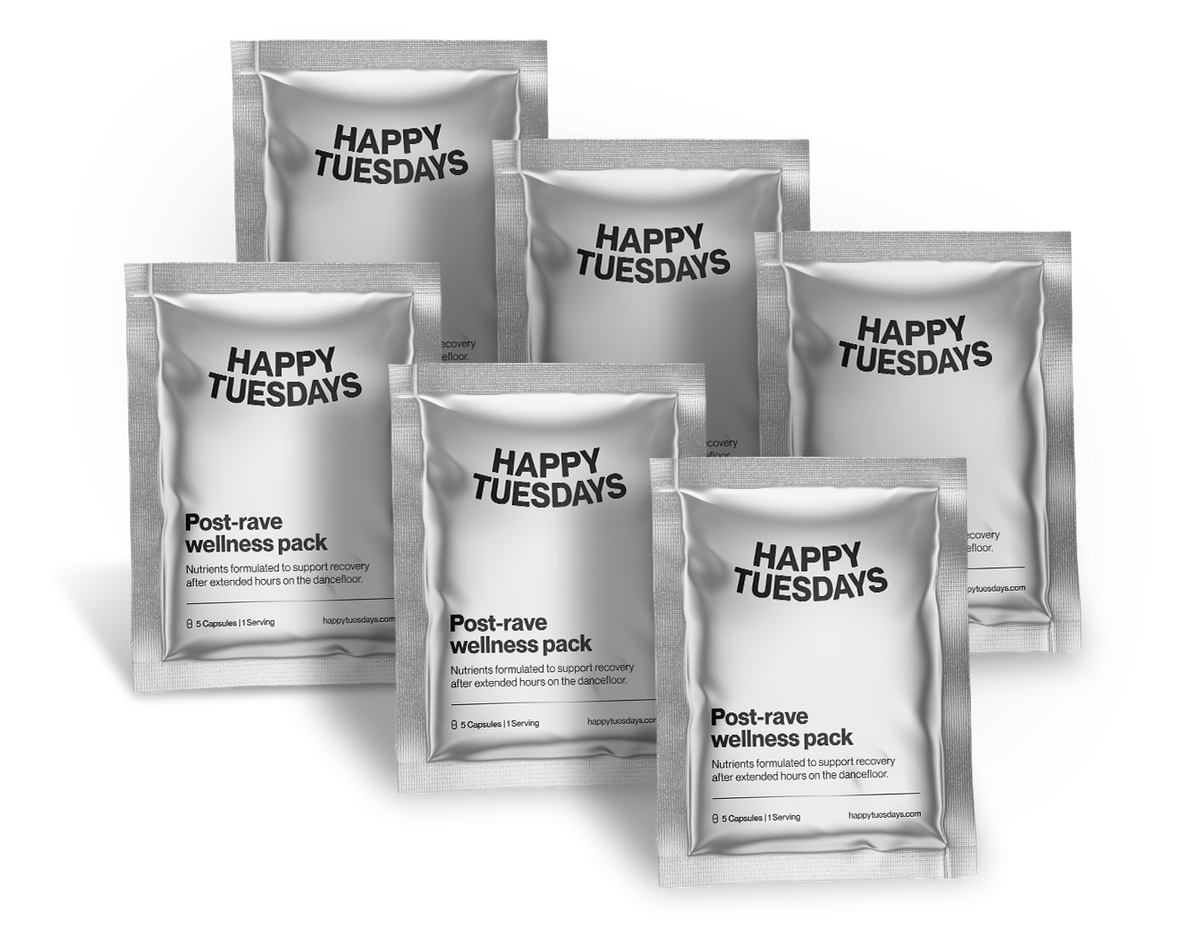 Happy Tuesdays | Post-rave wellness packs | Rave recovery supplement